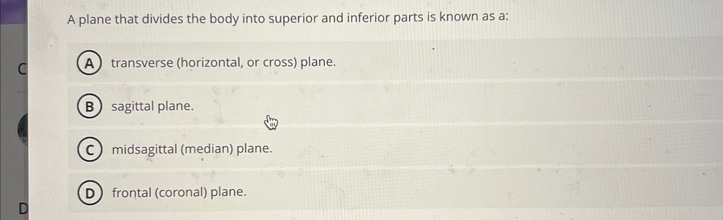 Solved A plane that divides the body into superior and | Chegg.com