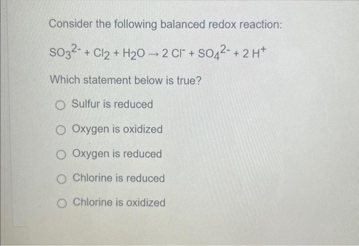 Solved Consider the following balanced redox reaction: | Chegg.com