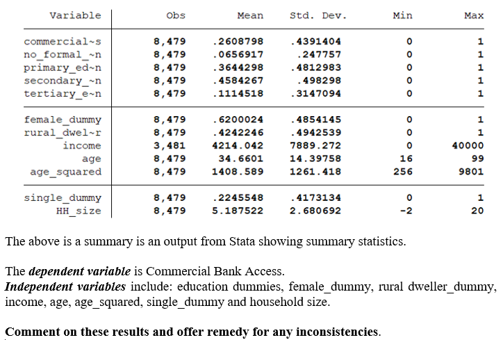 Solved \table[[Variable,Obs,Mean,Std. | Chegg.com