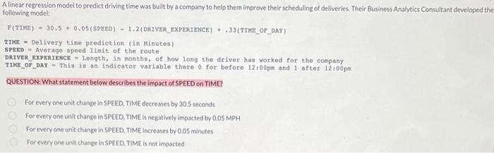 Solved A linear regression model to predict driving time was | Chegg.com