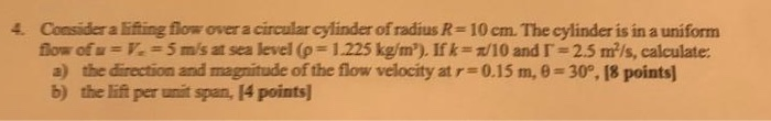 Solved 4. Consider a lifting flow over a circular cylinder | Chegg.com