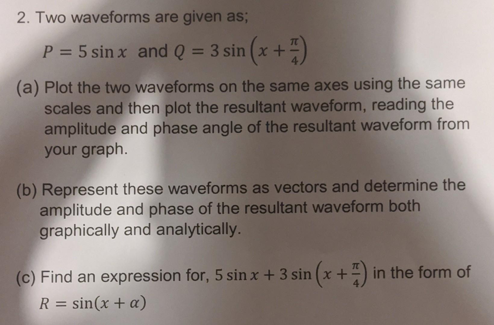 Solved 2. Two waveforms are given as; P = 5 sinx and Q = 3 | Chegg.com