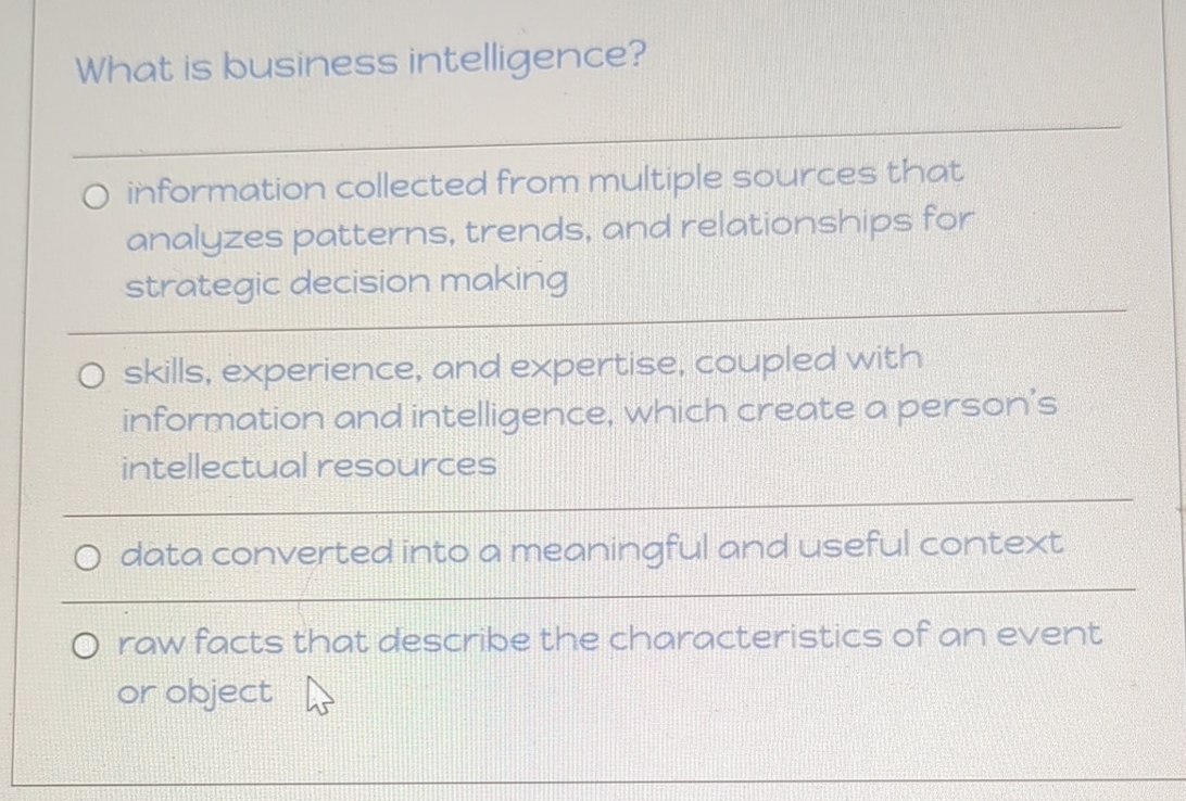 Solved What is business intelligence?ininformation collected | Chegg.com