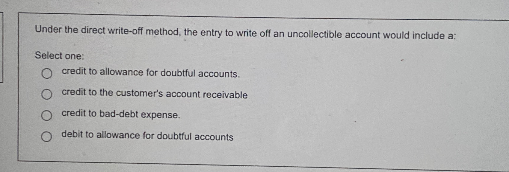 Solved Under the direct write-off method, the entry to write | Chegg.com