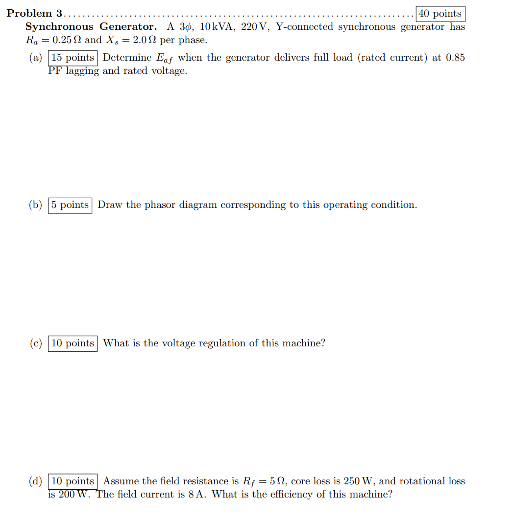 Solved Problem 3.Synchronous Generator. A 3φ,10kVA,220V, | Chegg.com