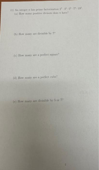 Solved (1) An integer n has prime factorization | Chegg.com
