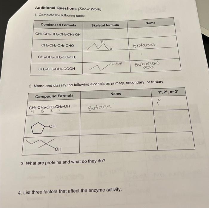 Solved Additional Questions (Show Work) 1. Complete the | Chegg.com