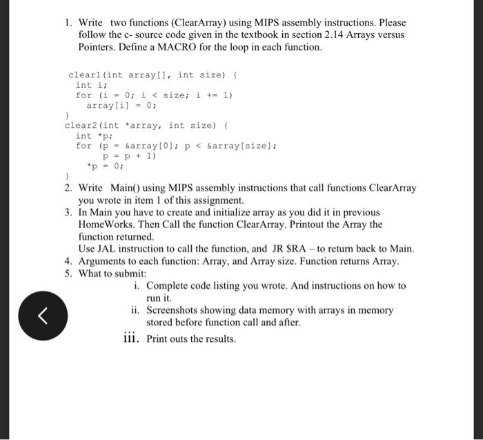 Solved 1. Write two functions (ClearArray) using MIPS | Chegg.com