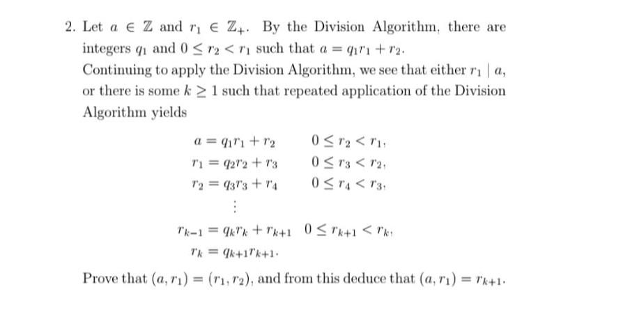 Solved 2 Let A∈z And R1∈z By The Division Algorithm
