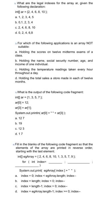 Solved What Are The Legal Indexes For The Array Ar Given Chegg