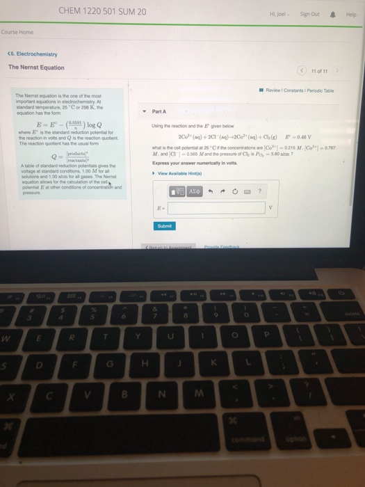 Solved CHEM 1220 501 SUM 20 Hi Joel Sign Out 4 Help Course | Chegg.com