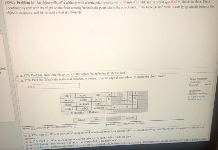 Solved (33\%) Problem 3: An object rolls off a tabletop with | Chegg.com