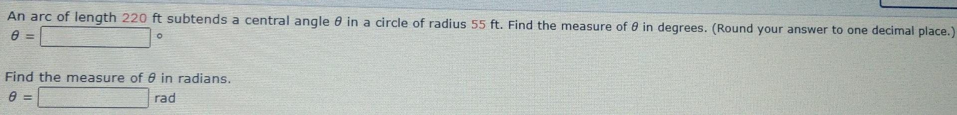Solved An arc of length 220 ft subtends a central angle @ in | Chegg.com