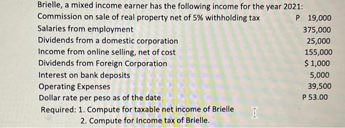 Solved Brielle, a mixed income earner has the following | Chegg.com