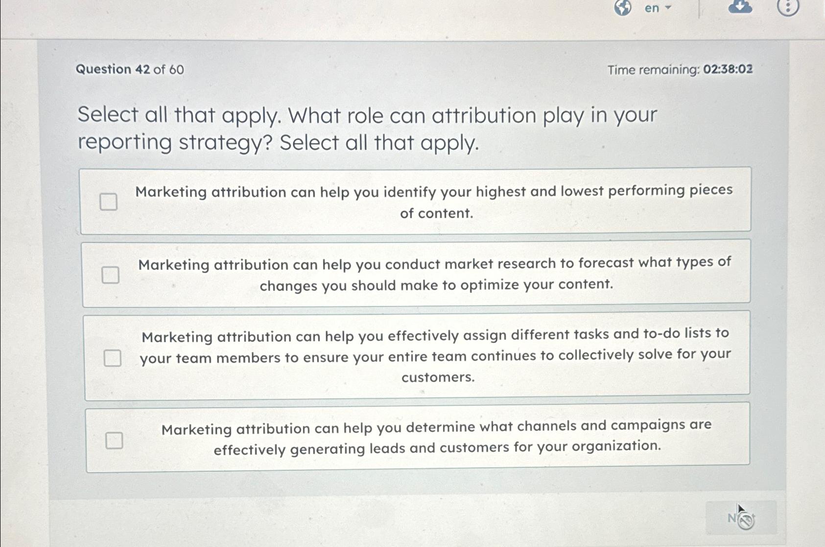 Solved Question 42 ﻿of 60Time remaining: 02:38:02Select all | Chegg.com