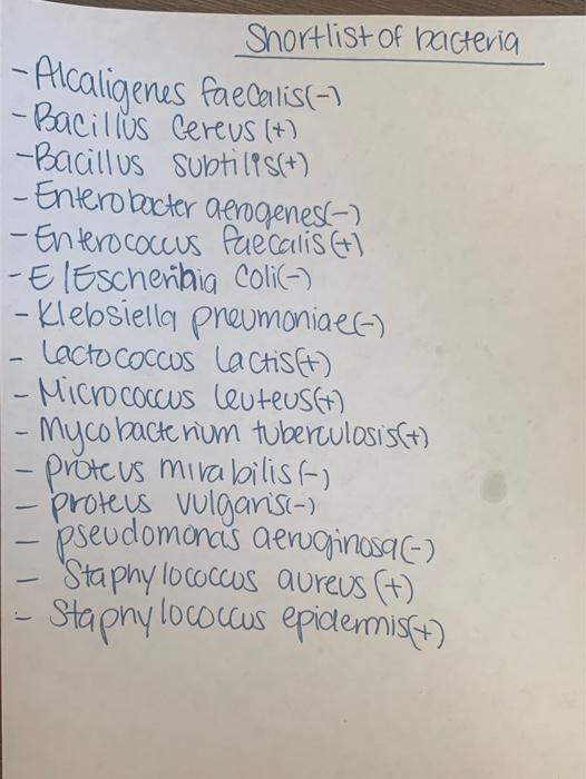 Solved Shortlist of bacteria - Alcaligenes faecellis(-) - | Chegg.com