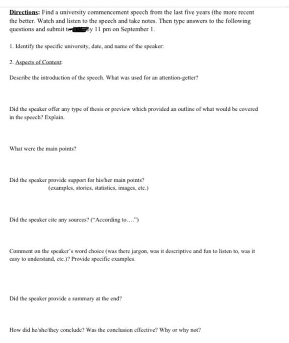 Solved Directions: Find a university commencement speech | Chegg.com