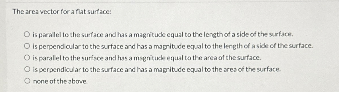 Solved The area vector for a flat surface:is parallel to the | Chegg.com