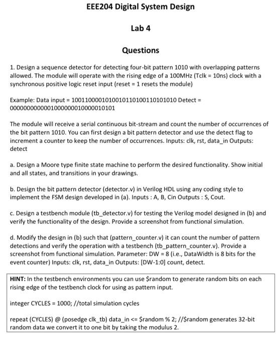 Solved Lab 4 Questions 1. Design a sequence detector for | Chegg.com