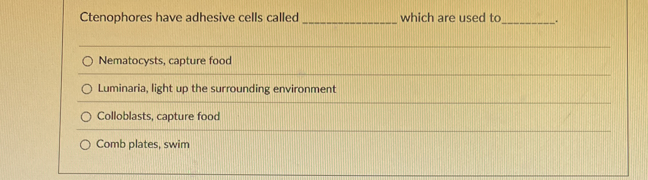 Solved Ctenophores have adhesive cells called ﻿which are | Chegg.com
