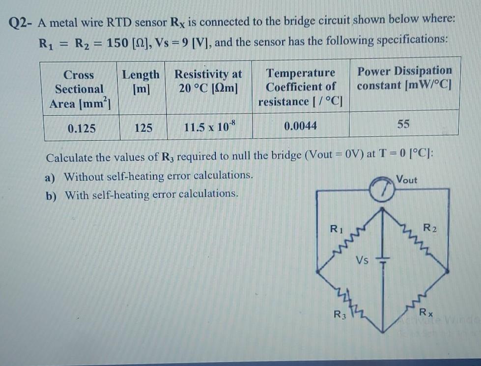 Solved Q2- A metal wire RTD sensor Ry is connected to the | Chegg.com