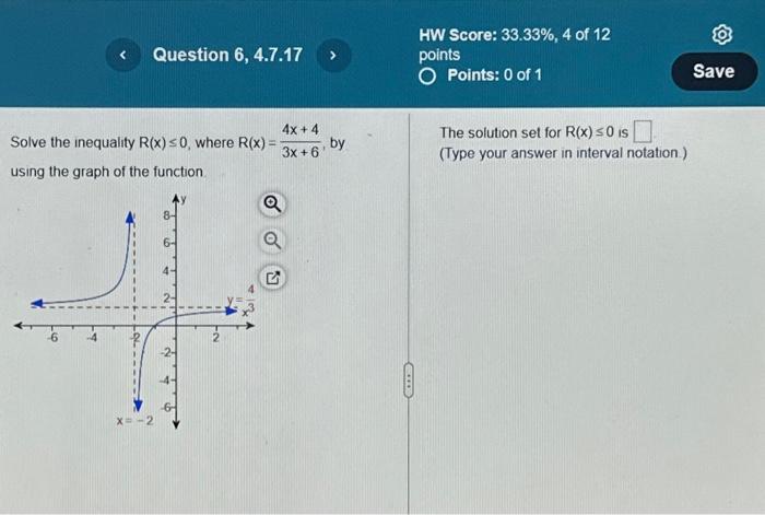 Solved Solve the inequality R(x)≤0, where R(x)=3x+64x+4, by | Chegg.com