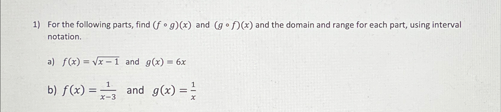 Solved For the following parts, find (f@g)(x) ﻿and (g@f)(x) | Chegg.com