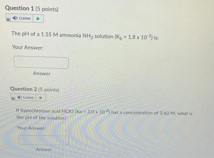 Solved The pH of a 1.55M ammonia NH3 solution (Kb=1.8×10−5) | Chegg.com