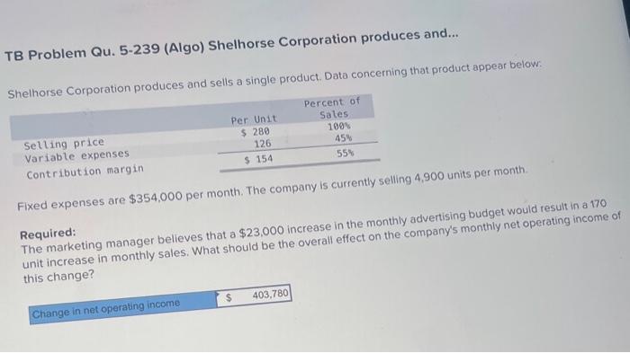 Solved TB Problem Qu. 5-239 (Algo) Shelhorse Corporation | Chegg.com