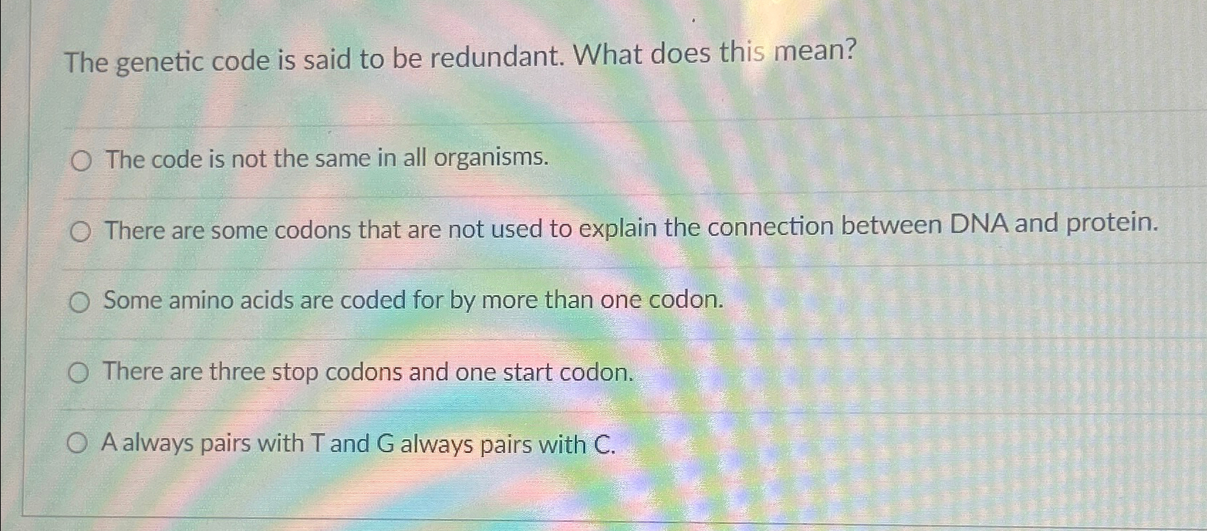Solved The genetic code is said to be redundant. What does | Chegg.com