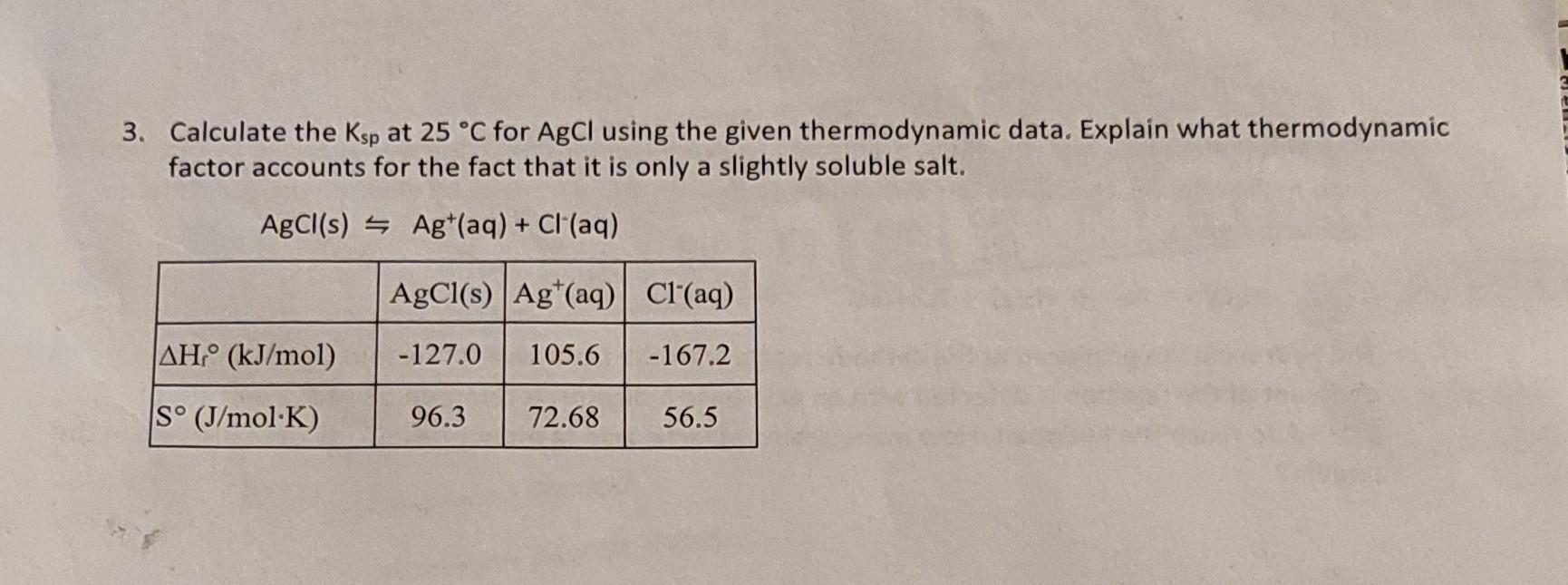 Solved 3. Calculate the Ksp at 25∘C for AgCl using the given | Chegg.com