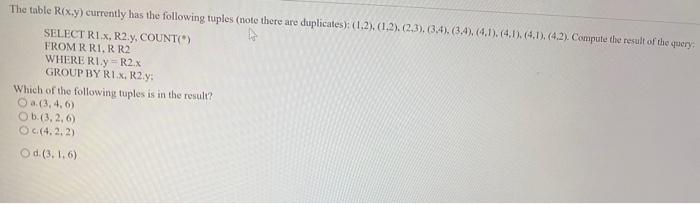 Solved The table R(x,y) currently has the following tuples | Chegg.com