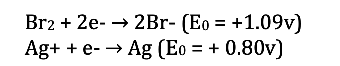 Solved Br2+2e-→2Br-(E0=+1.09v)Ag++e-→Ag(E0=+0.80v) - | Chegg.com