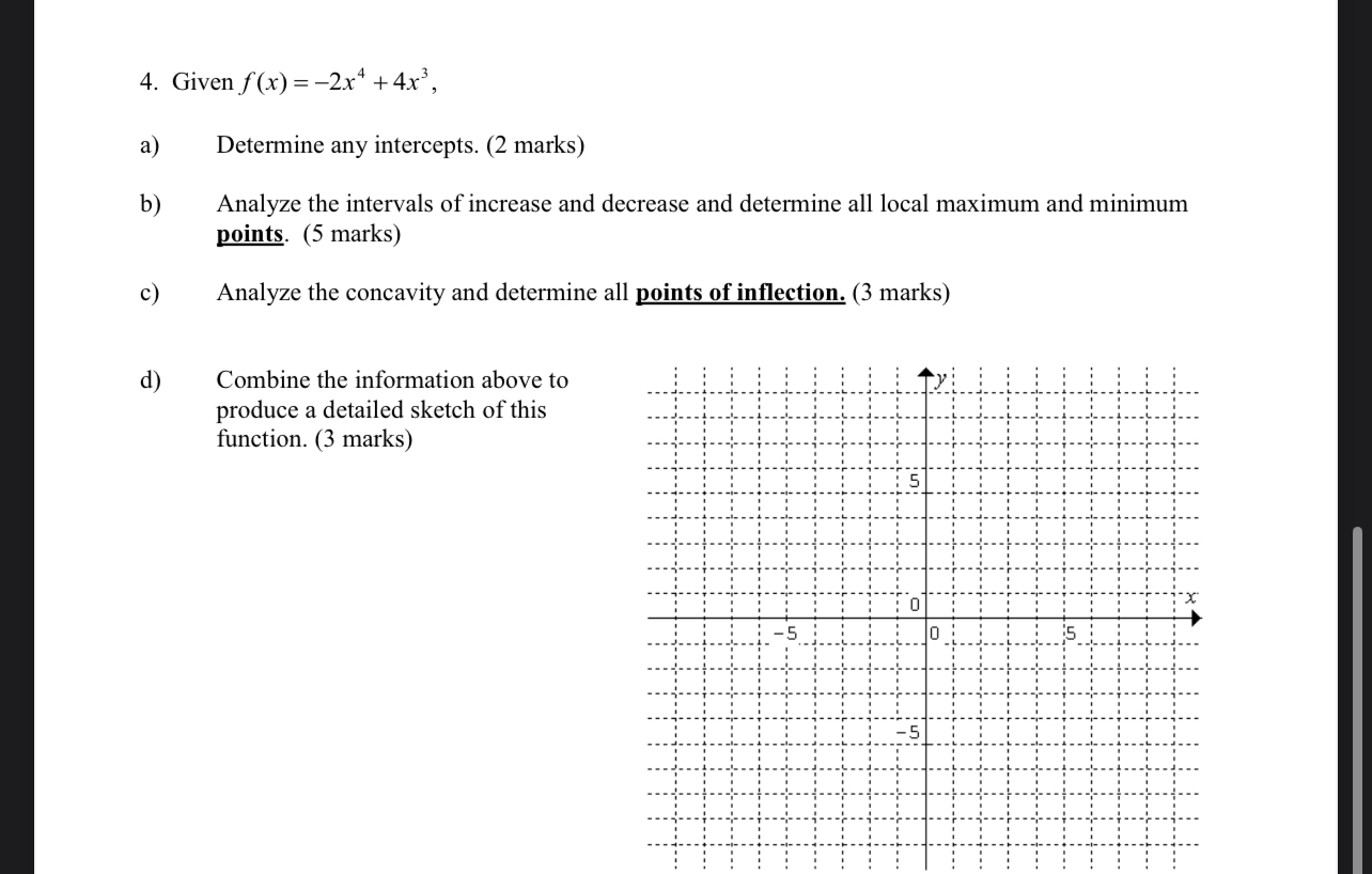 Solved Given f(x)=-2x4+4x3,a) ﻿Determine any intercepts. (2 | Chegg.com