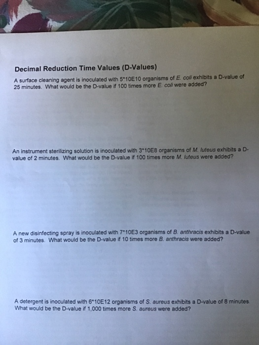 Decimal Reduction Time Values D Values A Surface
