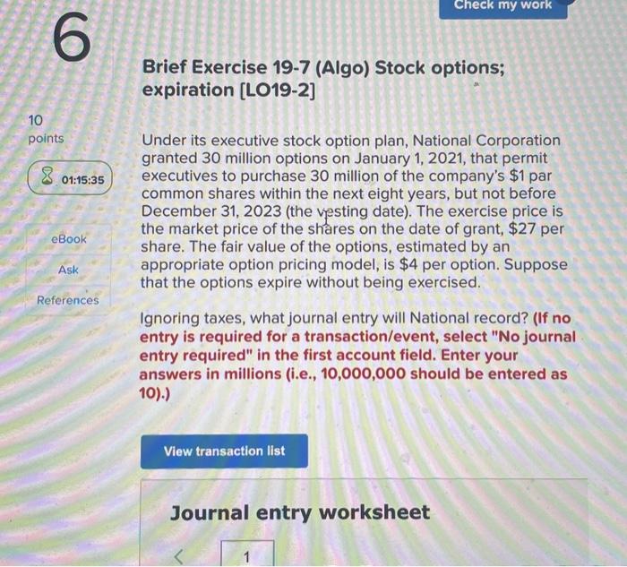 Solved Brief Exercise 19-7 (Algo) Stock options; expiration | Chegg.com