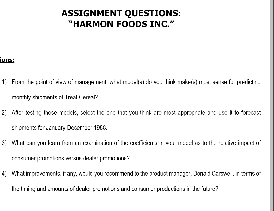 Solved ASSIGNMENT QUESTIONS: "HARMON FOODS INC."ions:From | Chegg.com
