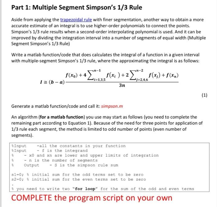 Solved Part 1: Multiple Segment Simpson's 1/3 Rule Aside | Chegg.com