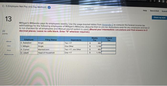C - 5 Employee Net Pay and Pay Methods (B) Milligan's | Chegg.com