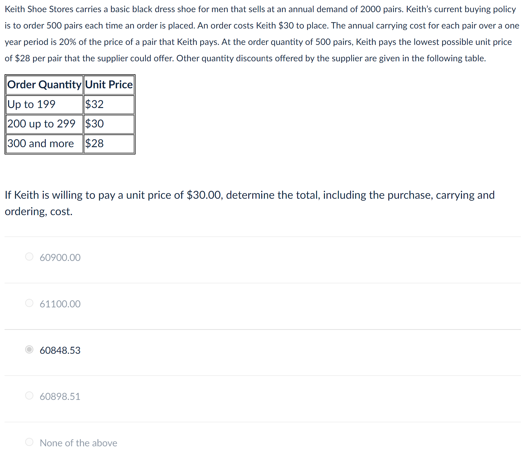 Solved Keith Shoe Stores carries a basic black dress shoe | Chegg.com