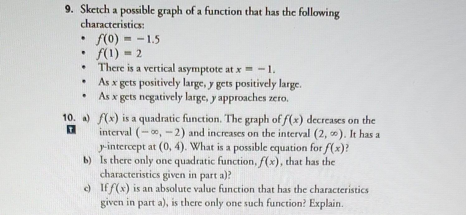 Solved 9. Sketch a possible graph of a function that has the | Chegg.com