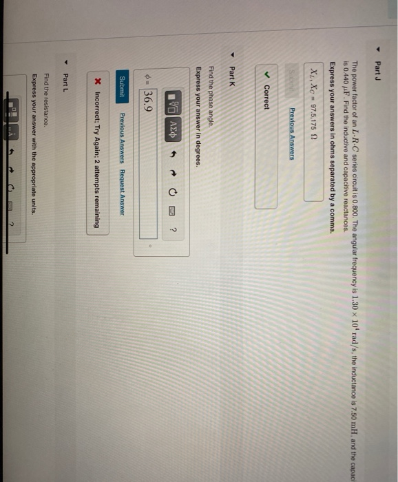 Solved Part J The power factor of an LRC series circuit is | Chegg.com