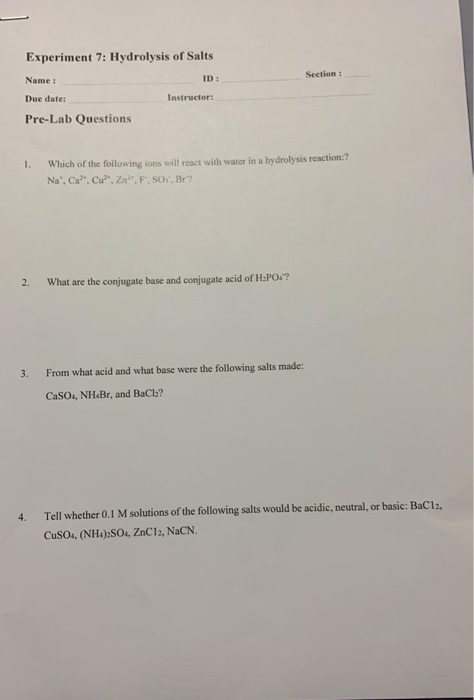 Solved Experiment 7: Hydrolysis of Salts Name : ID: Due | Chegg.com