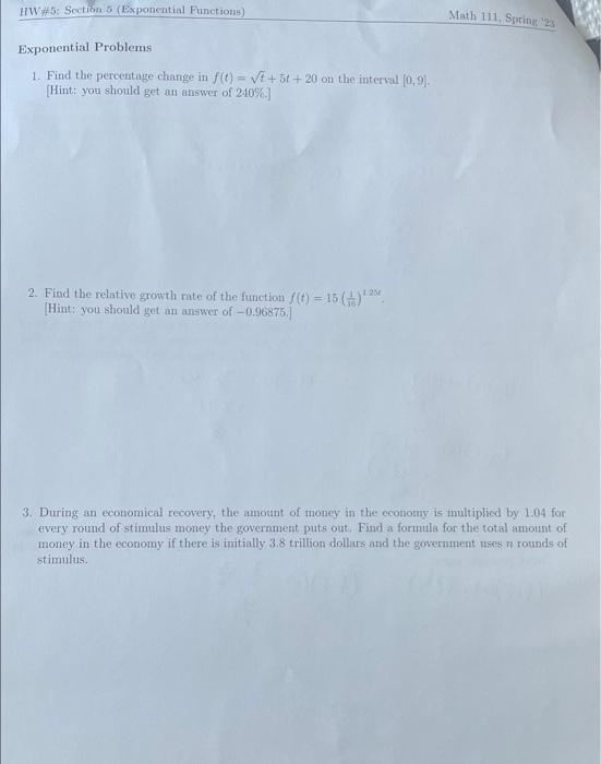 Exponential Problems 1. Find the percentage change in | Chegg.com