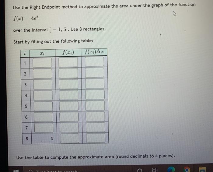 Solved Use the Right Endpoint method to approximate the area | Chegg.com