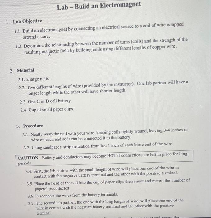 Solved 1. Lab Objective 1.1. Build an electromagnet by | Chegg.com