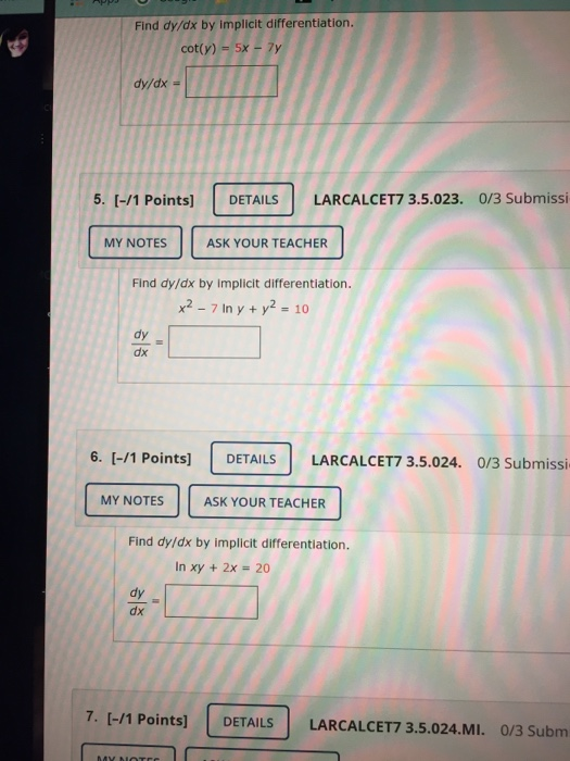 Solved Find dy/dx by implicit differentiation. cot(y) = 5x - | Chegg.com