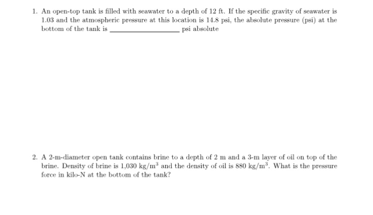 Solved An open-top tank is filled with seawater to a depth | Chegg.com