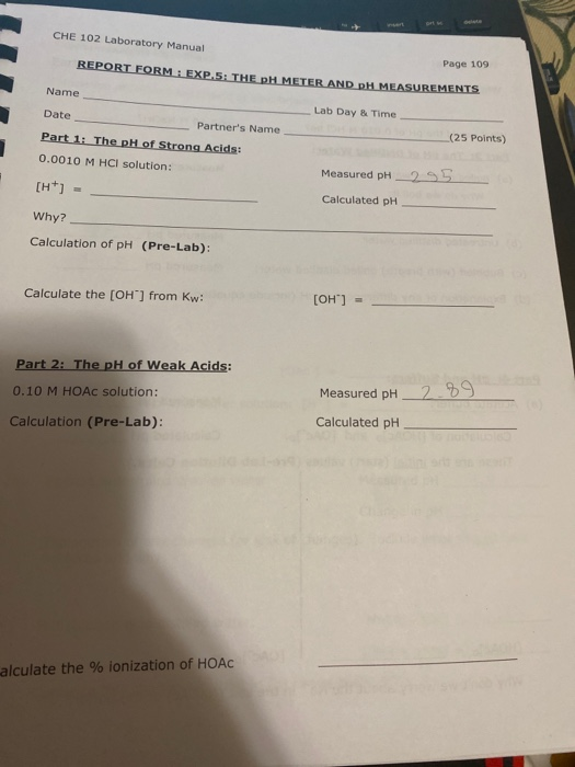 Solved CHE 102 Laboratory Manual REPORT FORM: EXP.5: THE PH | Chegg.com