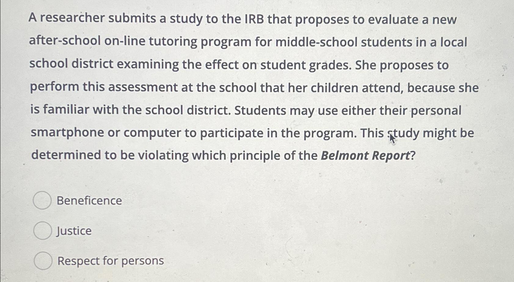 Solved A researcher submits a study to the IRB that proposes | Chegg.com